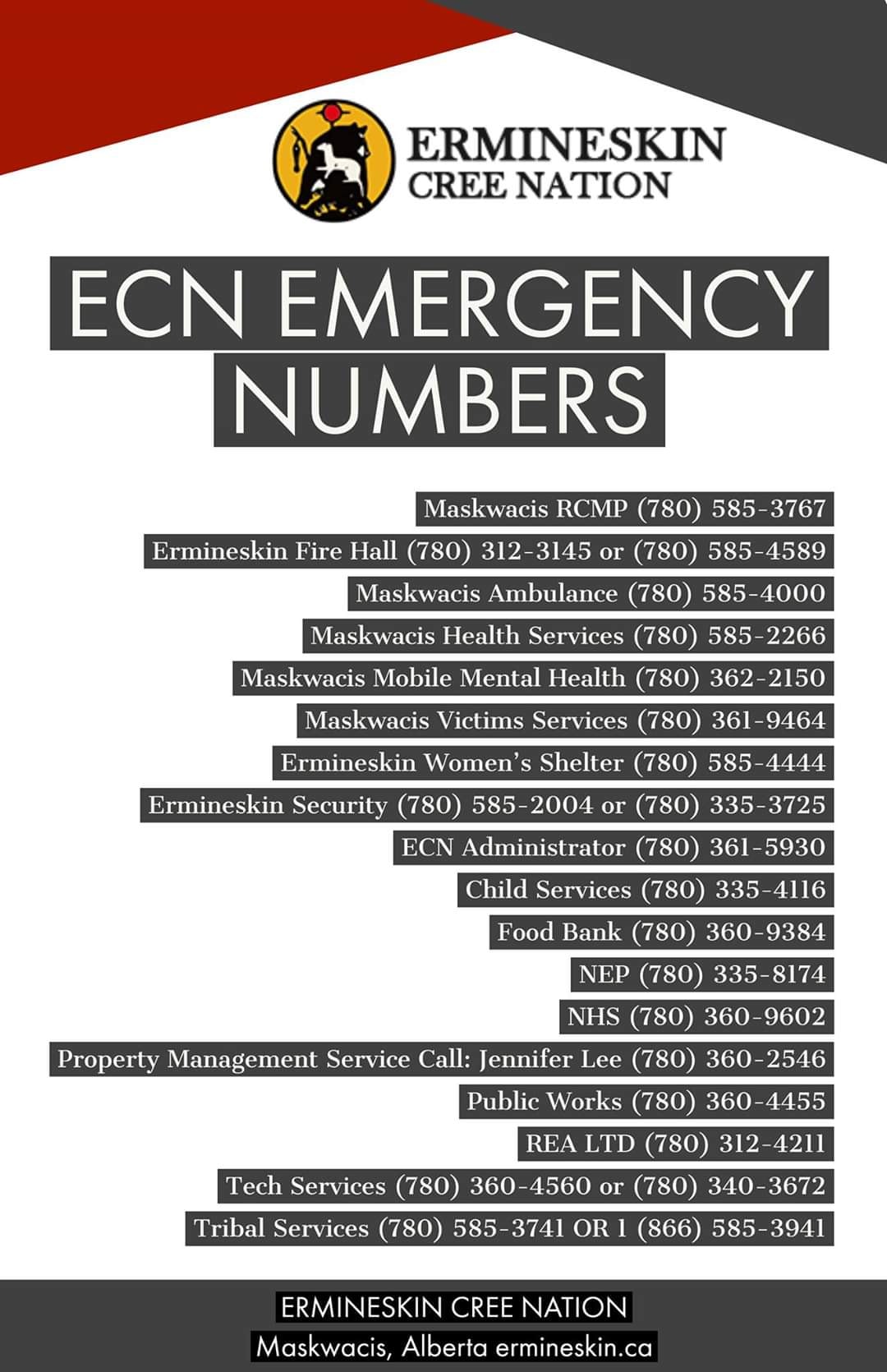 Yoy can always find our Ermineskin Emergency contact list on or ...